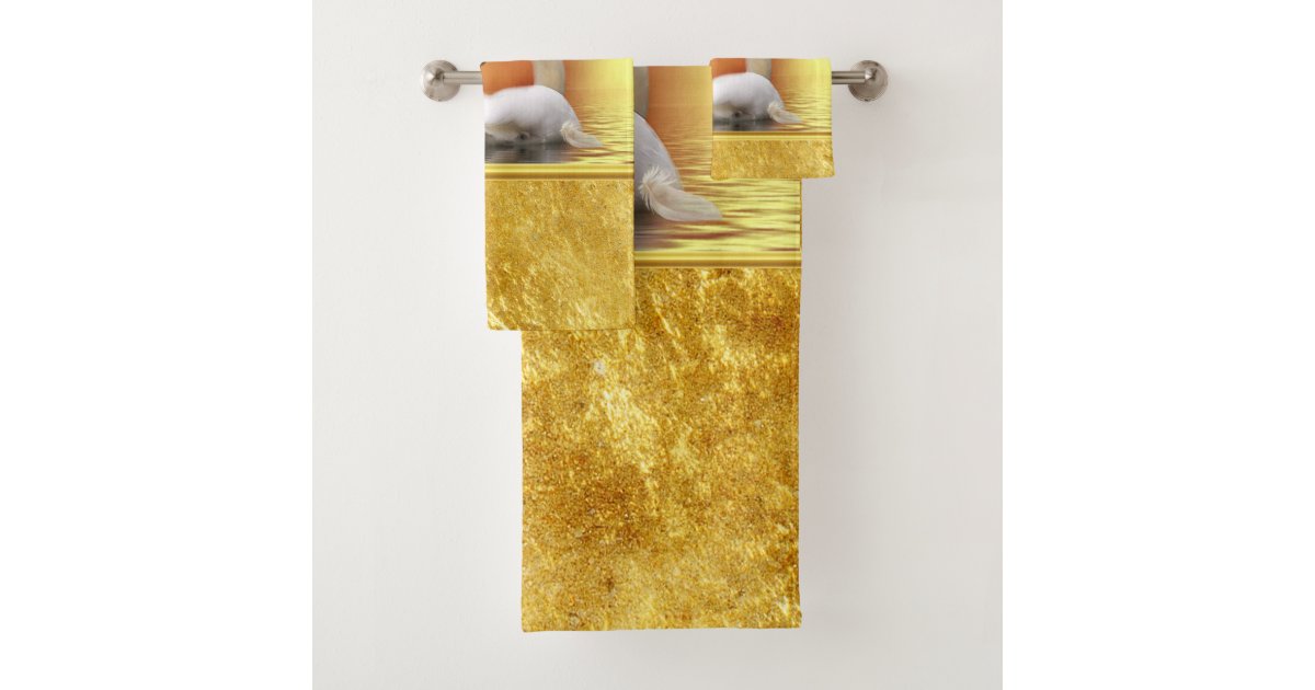 White Swan in a lake with a orange gold sunset Bath Towel Set | Zazzle