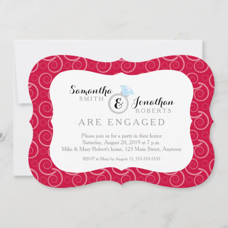 White Swirl Pattern on Red Engagement Party Invitation | Zazzle