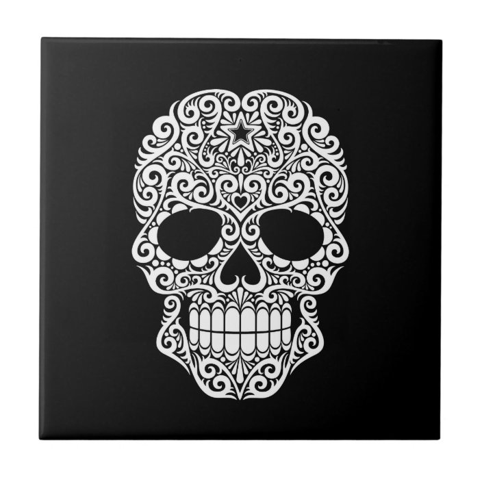 White Swirling Sugar Skull on Black Tile | Zazzle.com