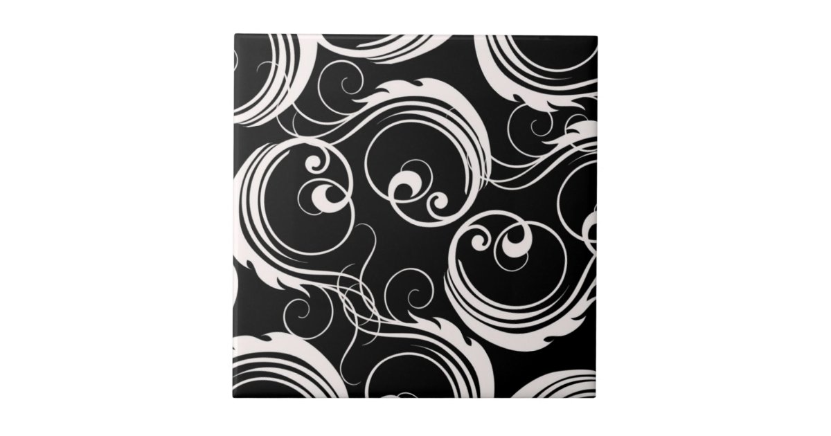 White Swirls on Black Ceramic Tile | Zazzle