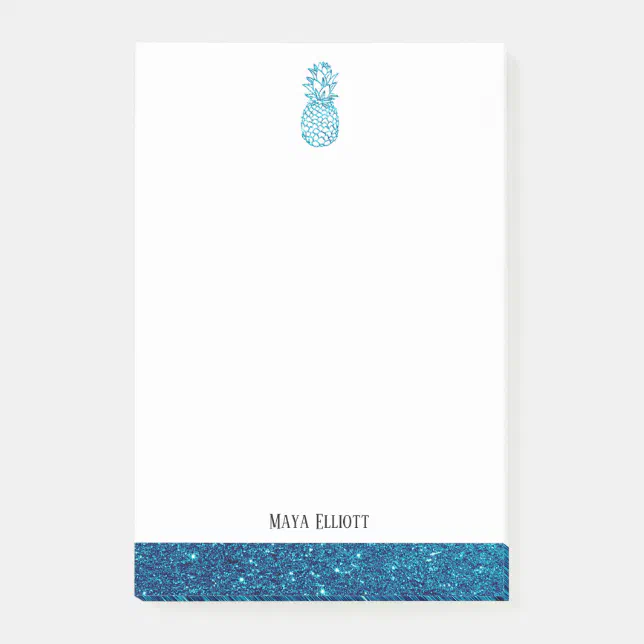 White + Teal Faux Glitter Pineapple & Border, Name Post-it Notes | Zazzle