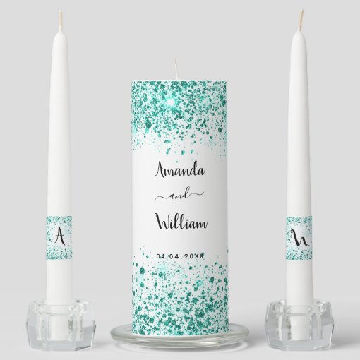 White teal green glitter dust names wedding unity candle set | Zazzle