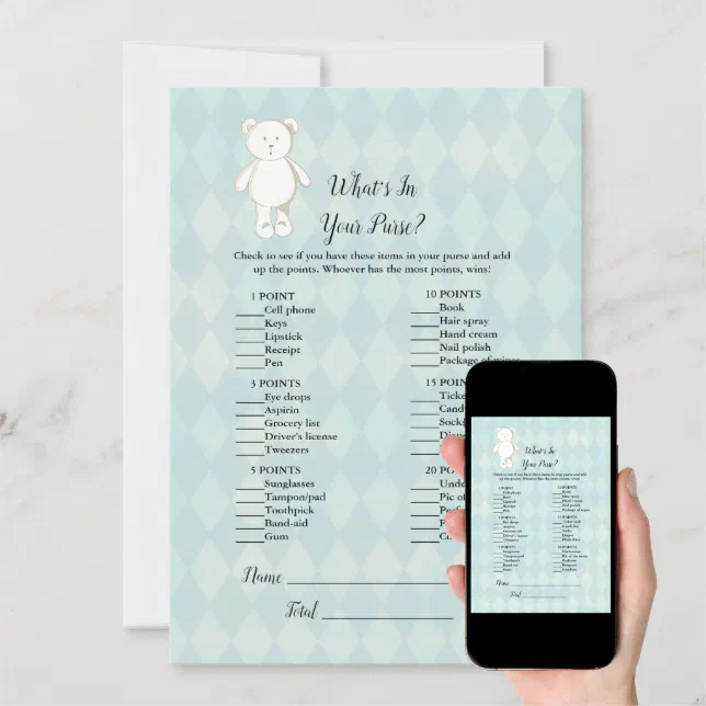 White Teddy Bear In Your Purse Baby Shower Game Invitation | Zazzle