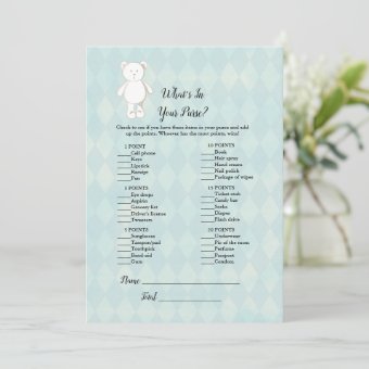White Teddy Bear In Your Purse Baby Shower Game Invitation | Zazzle