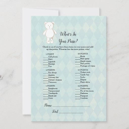 White Teddy Bear In Your Purse Baby Shower Game Invitation | Zazzle