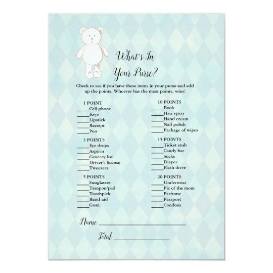 White Teddy Bear In Your Purse Baby Shower Game Invitation | Zazzle.com