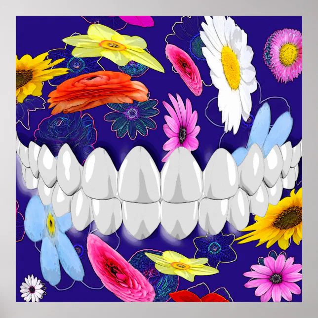 White Teeth Bite Flower Spin Dentist Poster | Zazzle