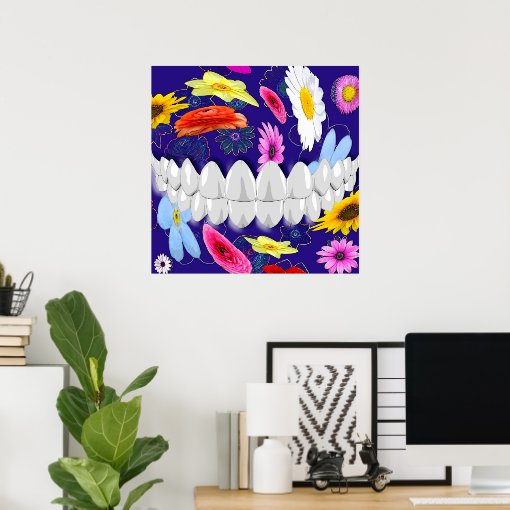 White Teeth Bite Flower Spin Dentist Poster | Zazzle