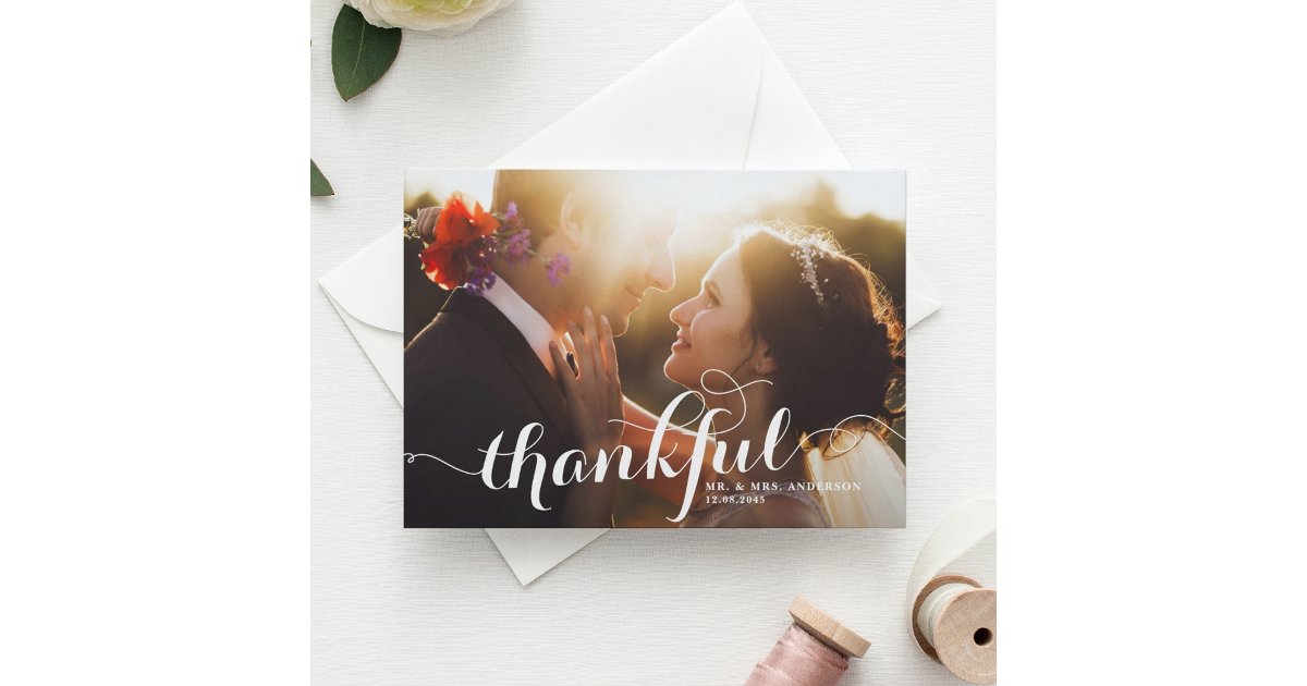 White Thankful Calligraphy Photo Wedding Thank You Postcard | Zazzle