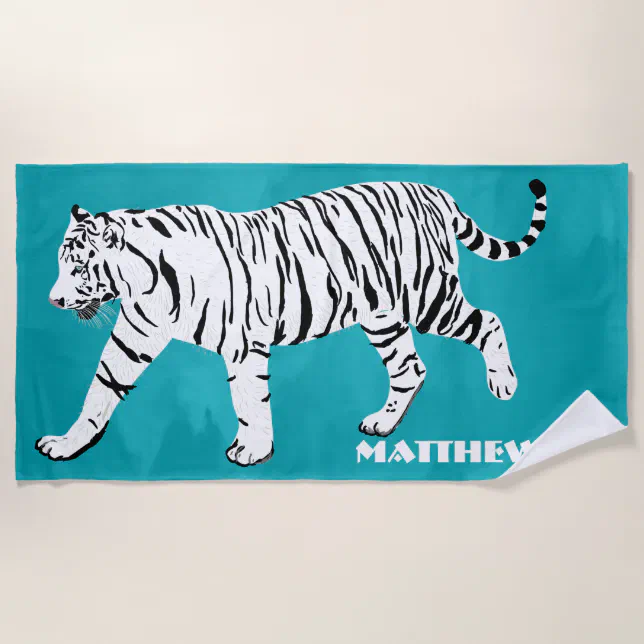 White Tiger Illustration on Teal Personalized Beach Towel | Zazzle