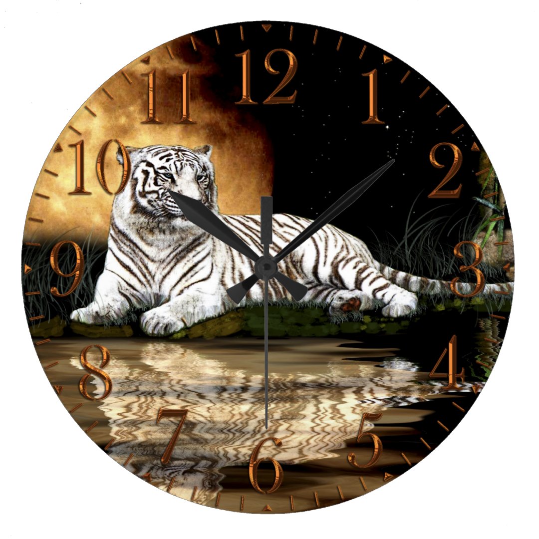 White Tiger & Moon Big Cat Animal-Lover Wall Clock | Zazzle