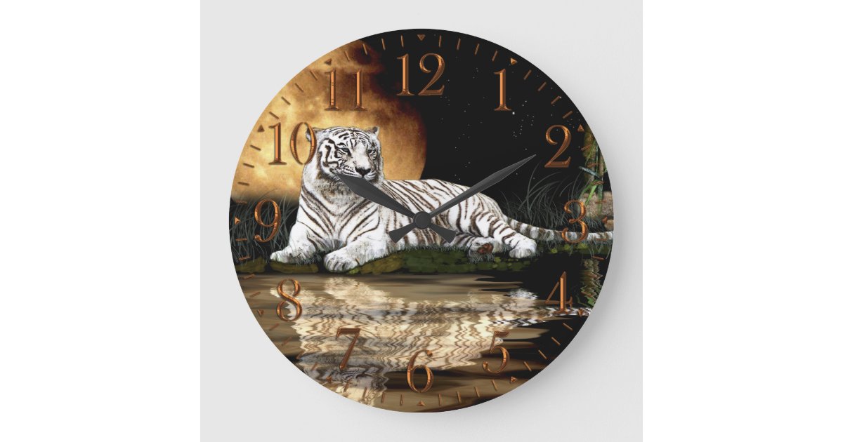 White Tiger & Moon Big Cat Animal-Lover Wall Clock | Zazzle