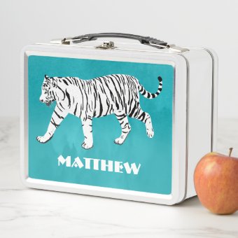 White Tiger, Teal, Turquoise Blue Personalized Metal Lunch Box | Zazzle