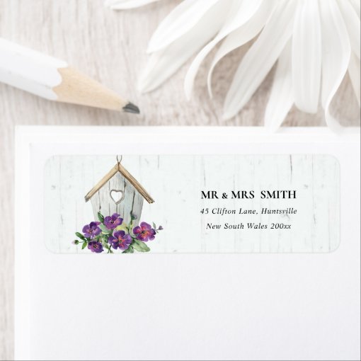 WHITE TIMBER WOOD FLORAL BIRD HOUSE ADDRESS LABEL | Zazzle