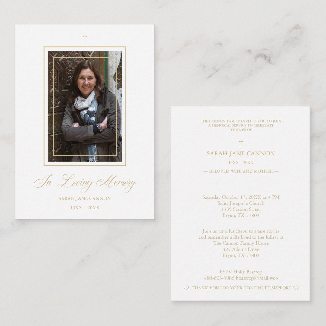 White Traditional & Elegant Golden Photo Funeral Note Card | Zazzle