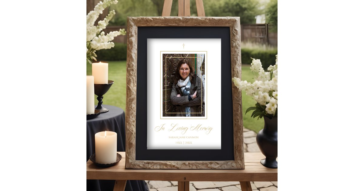 White Traditional & Elegant Golden Photo Funeral Poster | Zazzle