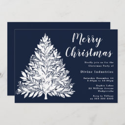 White Tree Navy Blue Christmas Party Invitation | Zazzle