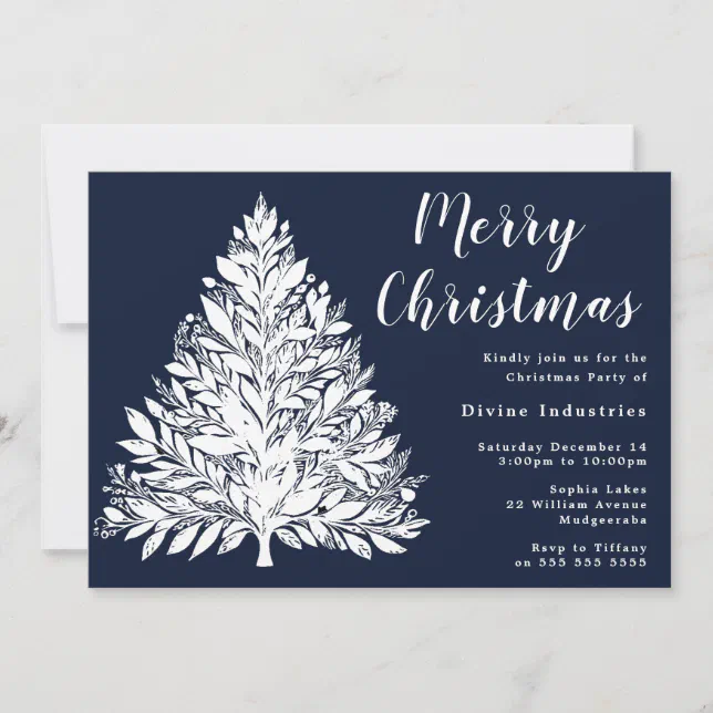 White Tree Navy Blue Christmas Party Invitation | Zazzle