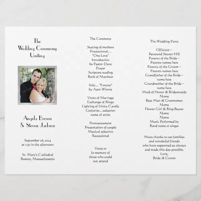 White Tri-fold Photo Template Wedding Program | Zazzle