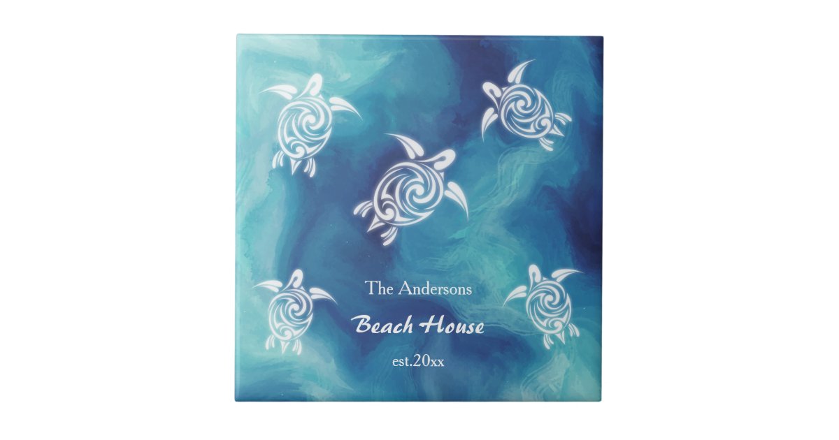 White Turtles Blue Ocean Watercolor Coastal Text Ceramic Tile | Zazzle