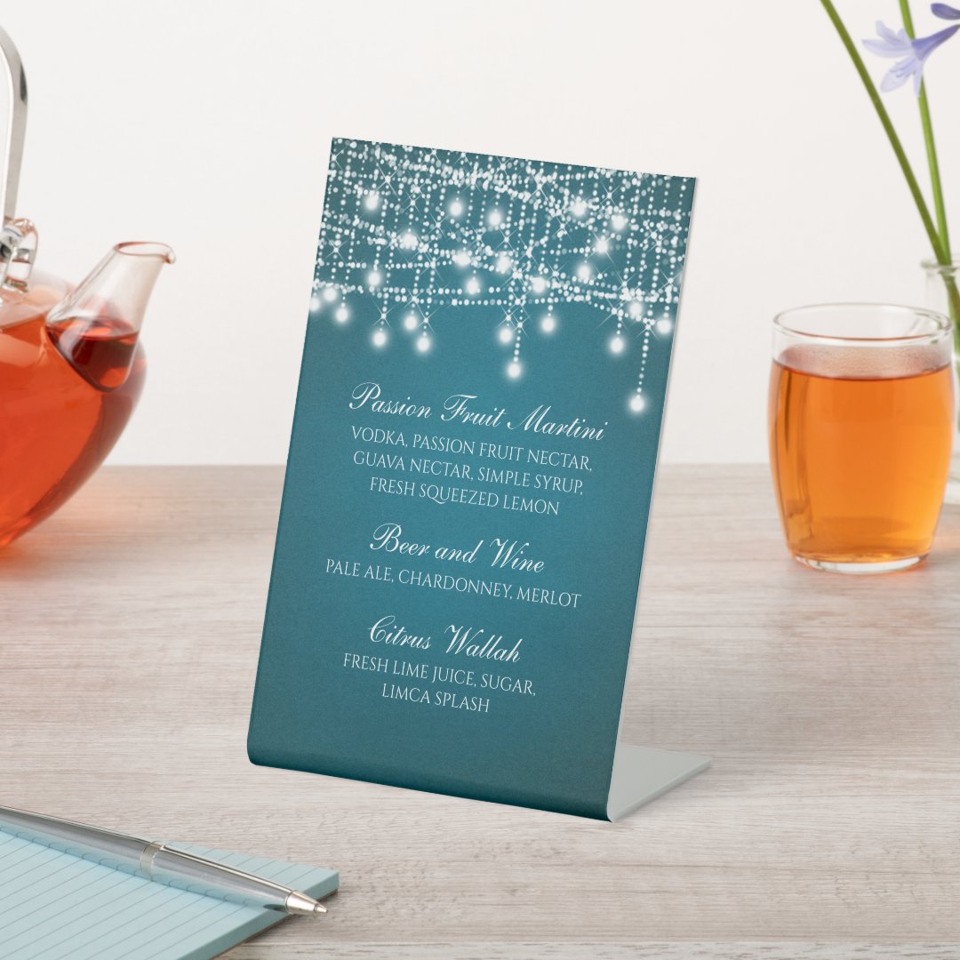 White Twinkle String Lights on Teal Pedestal Sign | Zazzle