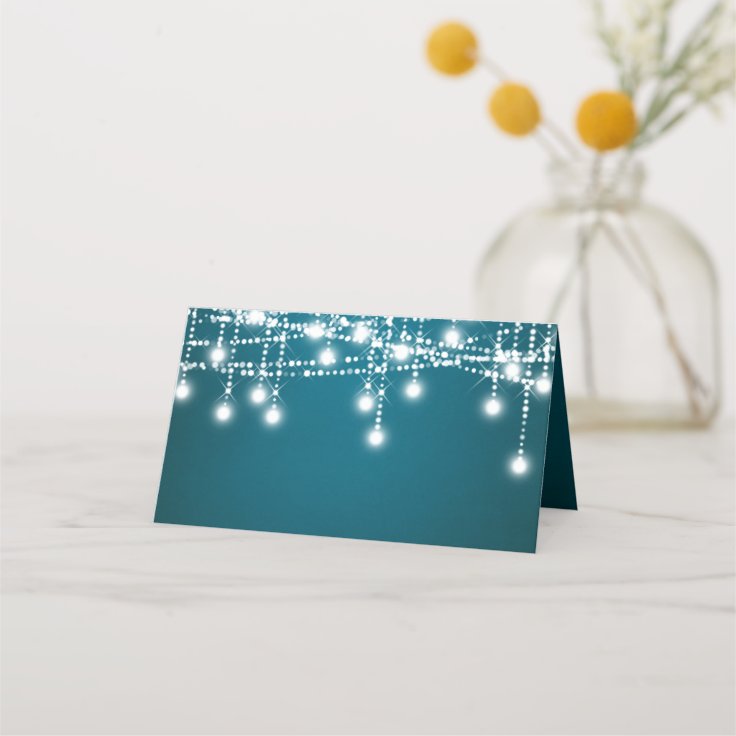 White Twinkle String Lights on Teal Place Card | Zazzle