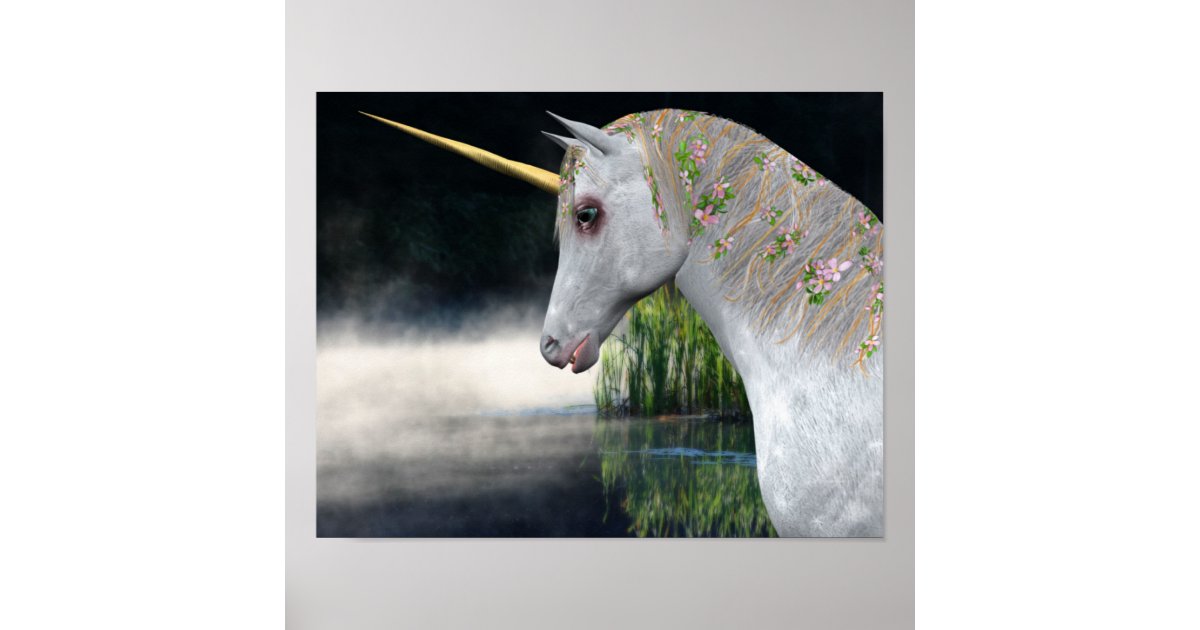 White Unicorn In Mist Fantasy Horse Art Poster | Zazzle