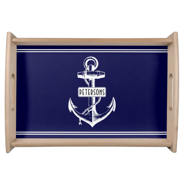 White vintage anchor and stripes navy nautical serving tray | Zazzle