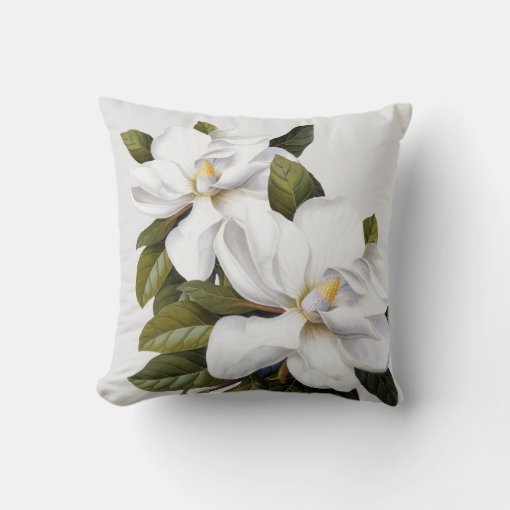 White Vintage Magnolia Botanical Print Silver Gray Throw Pillow | Zazzle