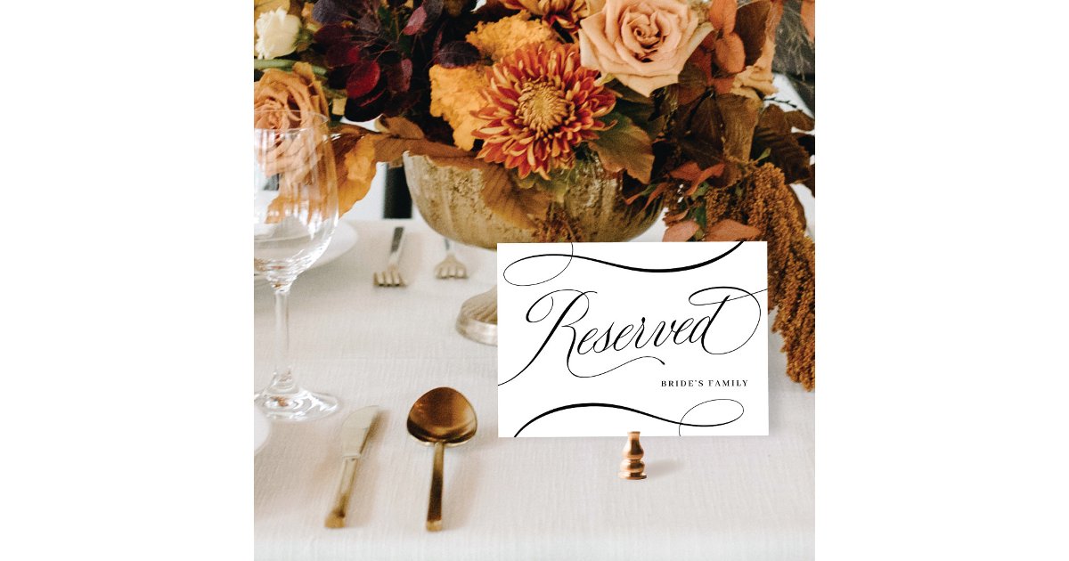 White w/ Black Script Wedding Reserved Table Sign | Zazzle