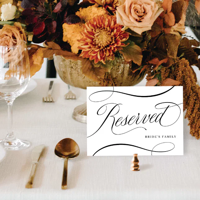 White w/ Black Script Wedding Reserved Table Sign | Zazzle