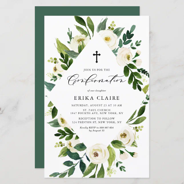White Watercolor Floral Frame Confirmation Invite | Zazzle