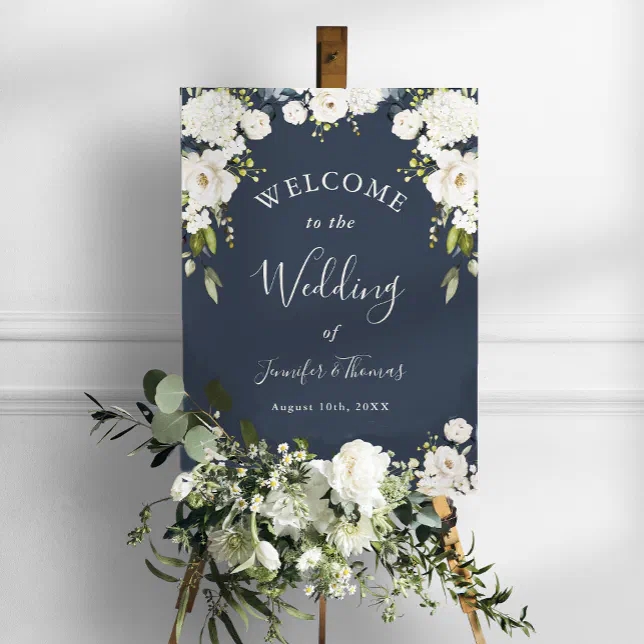 White Watercolor Floral Navy Wedding Welcome Sign | Zazzle