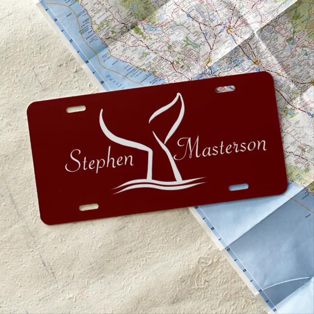White Whale Tail Dark Red License Plate | Zazzle