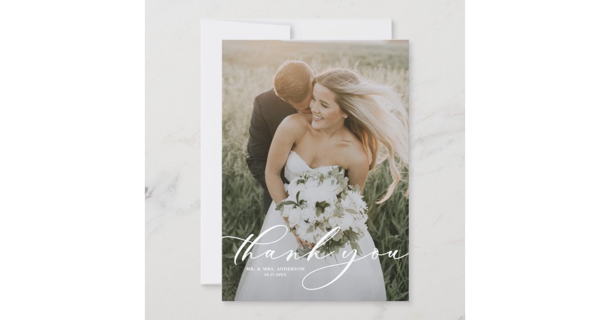 White Whimsical Script Overlay Photo Wedding Thank You Card | Zazzle
