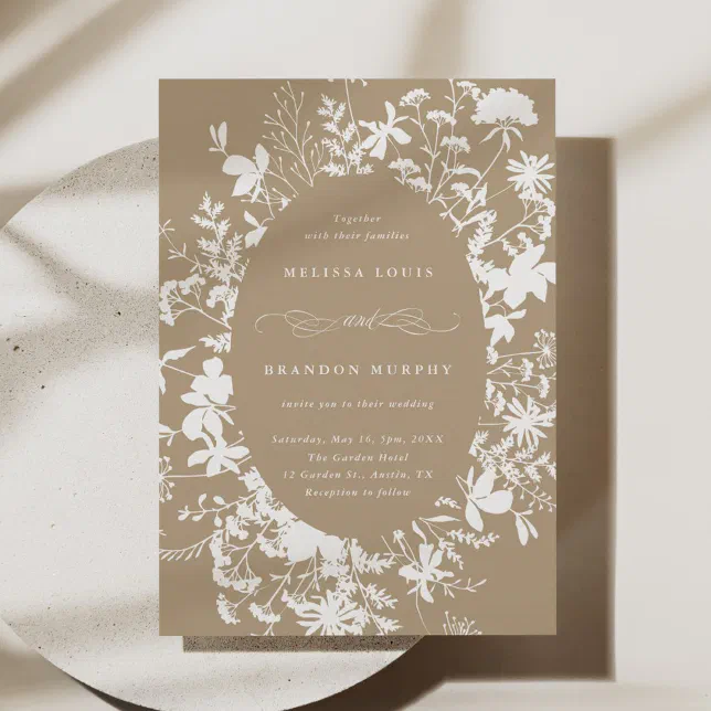 White Wildflower Silhouette Wedding Tan Invitation | Zazzle