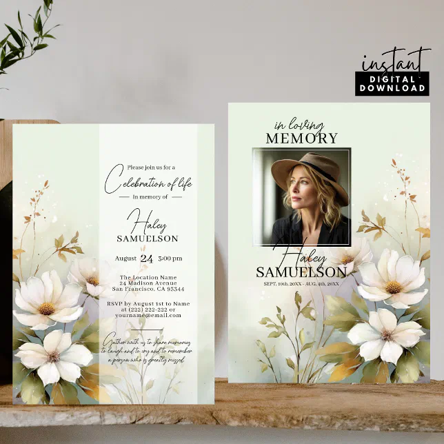 White Wildflowers Celebration of Life | PHOTO Invitation | Zazzle