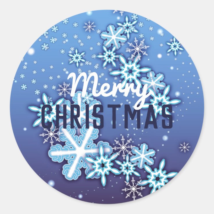 White Winter Crystal Ornate Snowflakes On Blue Classic Round Sticker ...