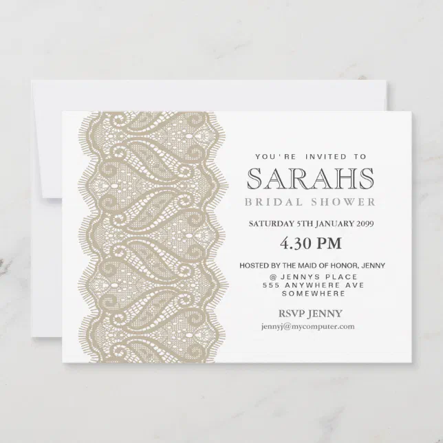 White with Beige Lace Bridal Shower Party Invite | Zazzle