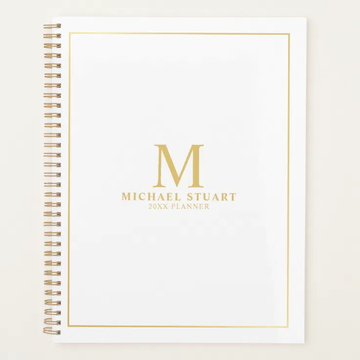 White with Gold Personalized Monogram and Name Planner | Zazzle