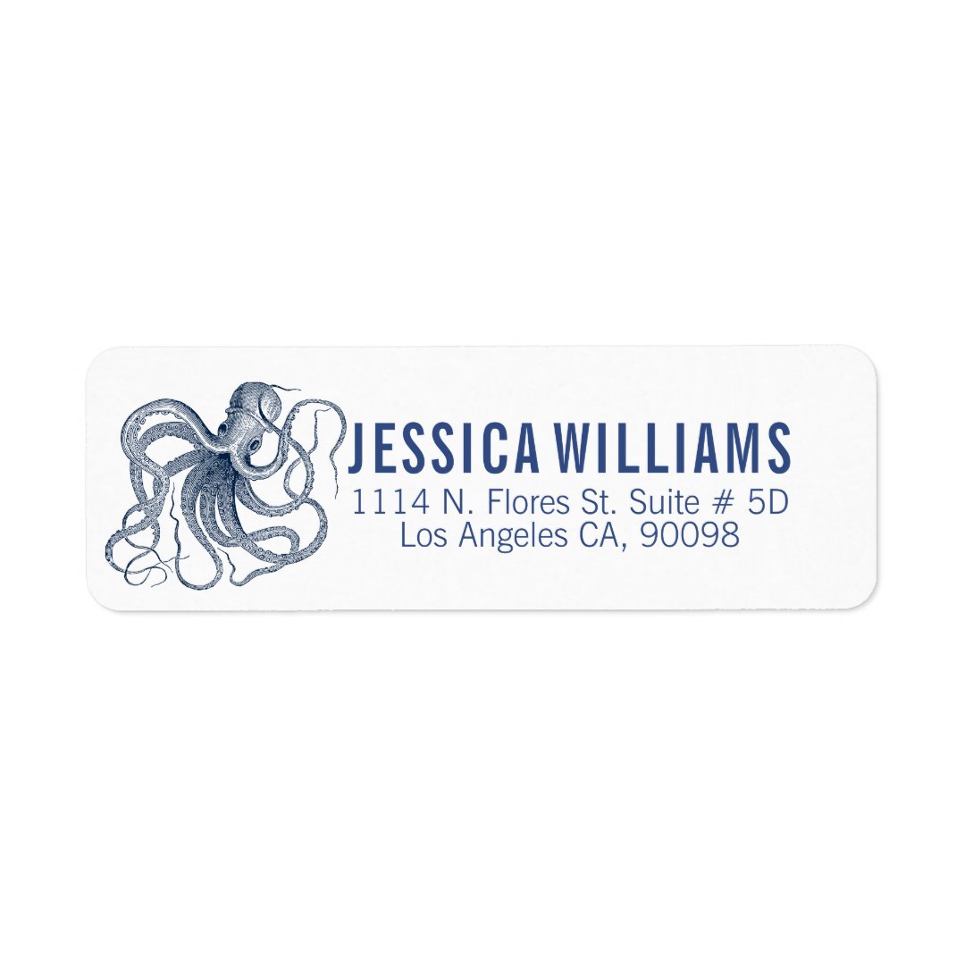 White With Navy Blue Vintage Octopus Label | Zazzle