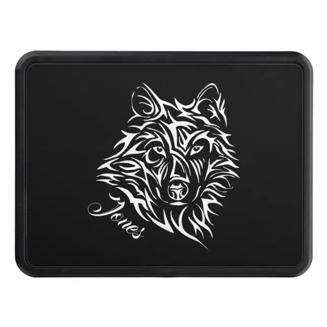 White Wolf Head on Black Personal Name Hitch Cover | Zazzle