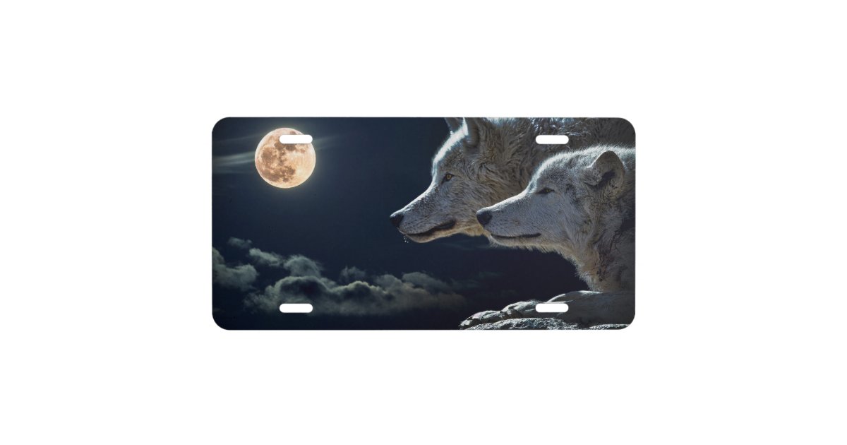 White Wolves in the Full Moon License Plate | Zazzle