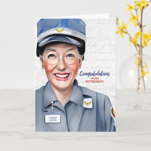 White Woman Postal Mail Carrier Retirement Card | Zazzle