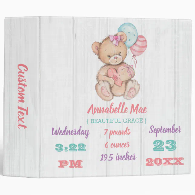 White Wood & Teddy Bear Baby Girl Scrapbook 3 Ring Binder | Zazzle