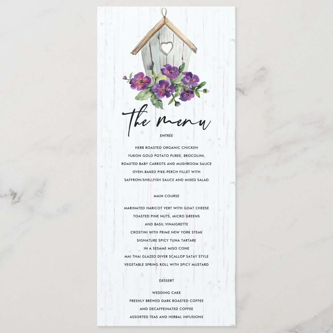 WHITE WOODEN RUSTIC FLORAL BIRDHOUSE WEDDING MENU | Zazzle