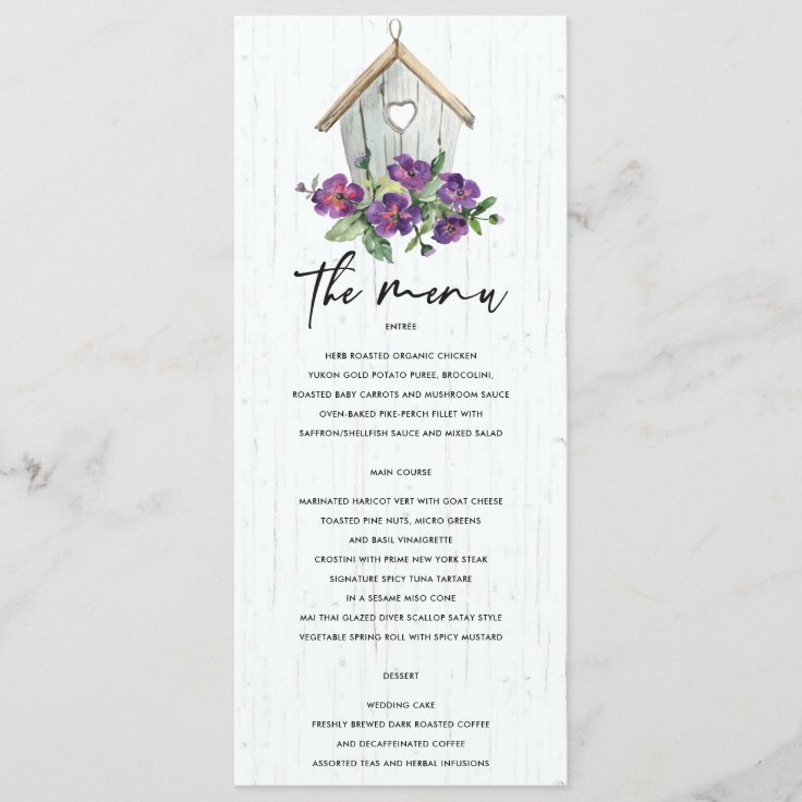 WHITE WOODEN RUSTIC FLORAL BIRDHOUSE WEDDING MENU | Zazzle