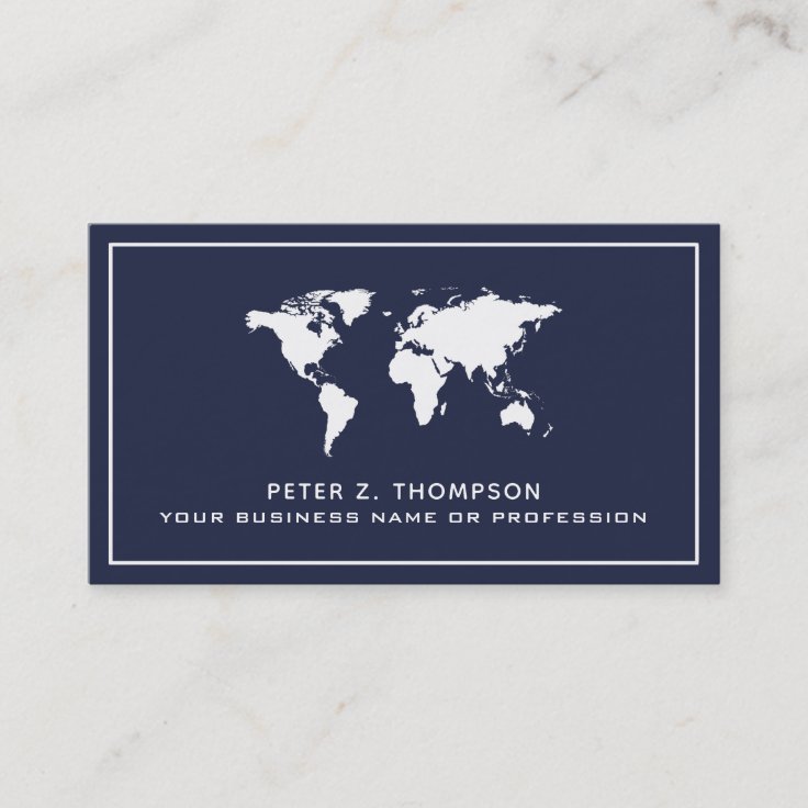 white worldmap on dark blue international business card | Zazzle