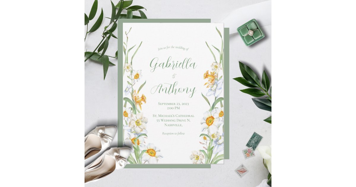 White & Yellow Daffodil Floral Wedding Invitations | Zazzle