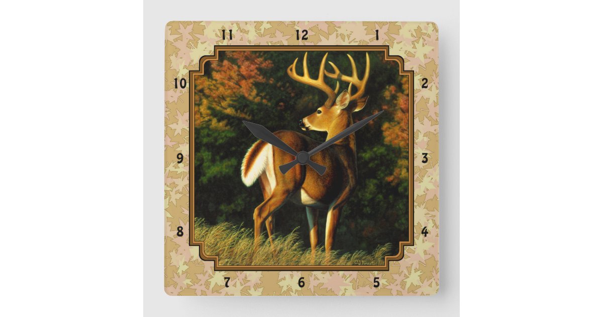 Whitetail Buck Autumn Leaves Square Wall Clock | Zazzle